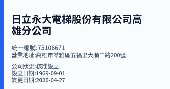日立永大電梯股份有限公司高雄分公司的照片-統編 75106671(高雄市) 公司登記資料與營業項目詳細圖表
