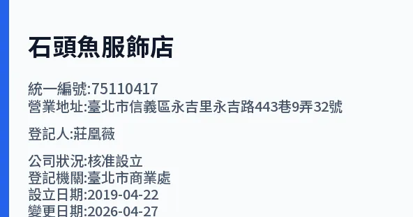 石頭魚服飾店的照片-統編 75110417(臺北市) 公司登記資料與營業項目詳細圖表