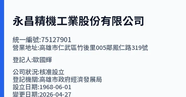 永昌精機工業股份有限公司的照片-統編 75127901(高雄市) 公司登記資料與營業項目詳細圖表