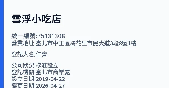 雪浮小吃店的照片-統編 75131308(臺北市) 公司登記資料與營業項目詳細圖表