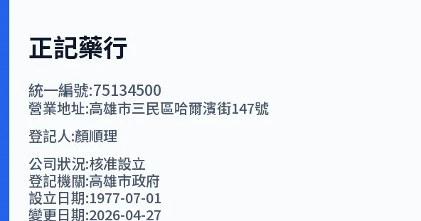 正記藥行的照片-統編 75134500(高雄市) 公司登記資料與營業項目詳細圖表