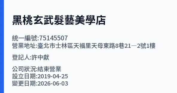 黑桃玄武髮藝美學店的照片-統編 75145507(臺北市) 公司登記資料與營業項目詳細圖表