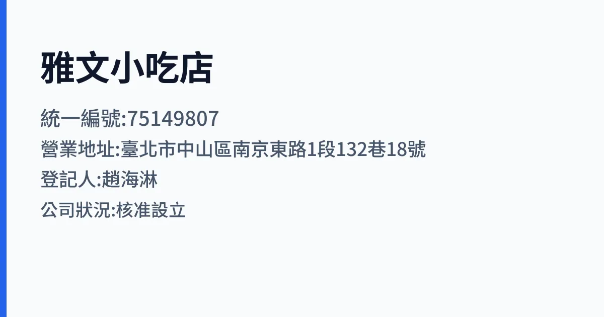 雅文小吃店 - 統編 75149807(臺北市) 公司登記資料與營業項目詳細圖表