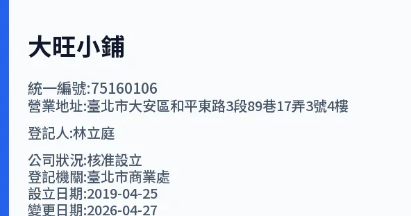 大旺小鋪的照片-統編 75160106(臺北市) 公司登記資料與營業項目詳細圖表