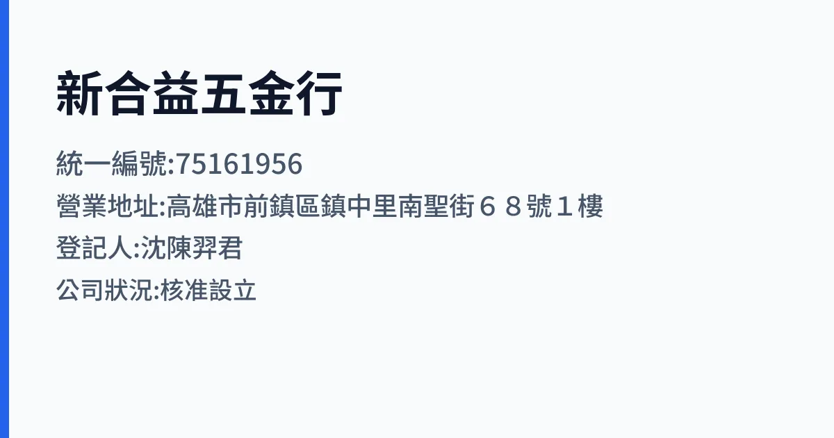 新合益五金行 - 統編 75161956(高雄市) 公司登記資料與營業項目詳細圖表