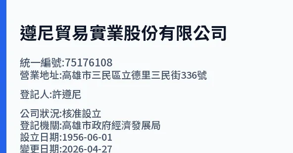 遵尼貿易實業股份有限公司的照片-統編 75176108(高雄市) 公司登記資料與營業項目詳細圖表
