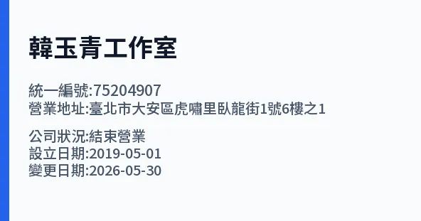 韓玉青工作室的照片-統編 75204907(臺北市) 公司登記資料與營業項目詳細圖表