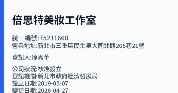 倍思特美妝工作室的照片-統編 75211668(新北市) 公司登記資料與營業項目詳細圖表