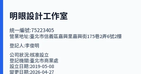 明眼設計工作室的照片-統編 75223405(臺北市) 公司登記資料與營業項目詳細圖表