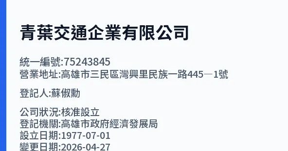 青葉交通企業有限公司的照片-統編 75243845(高雄市) 公司登記資料與營業項目詳細圖表