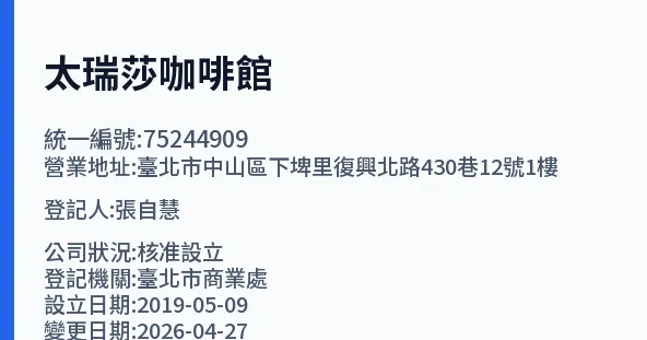 太瑞莎咖啡館的照片-統編 75244909(臺北市) 公司登記資料與營業項目詳細圖表