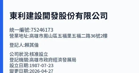 東利建設開發股份有限公司的照片-統編 75246173(高雄市) 公司登記資料與營業項目詳細圖表