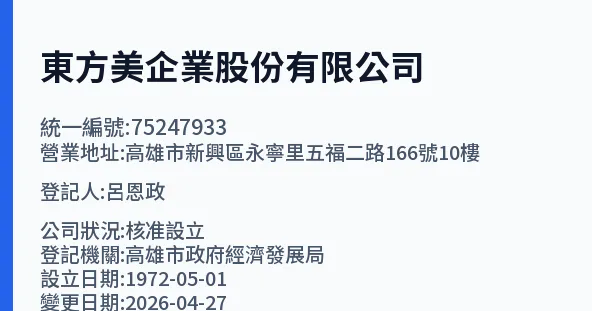 東方美企業股份有限公司的照片-統編 75247933(高雄市) 公司登記資料與營業項目詳細圖表