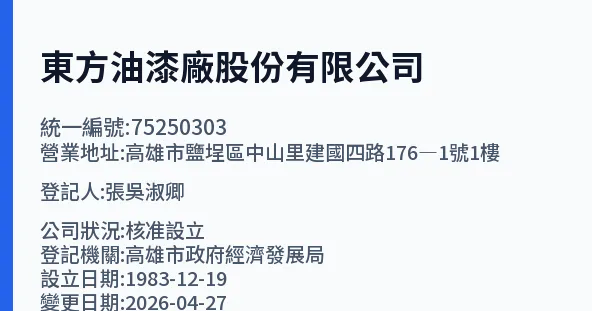 東方油漆廠股份有限公司的照片-統編 75250303(高雄市) 公司登記資料與營業項目詳細圖表