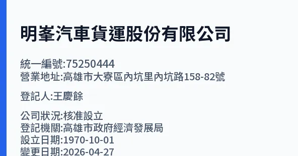 明峯汽車貨運股份有限公司的照片-統編 75250444(高雄市) 公司登記資料與營業項目詳細圖表