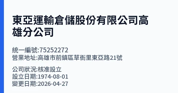東亞運輸倉儲股份有限公司高雄分公司的照片-統編 75252272(高雄市) 公司登記資料與營業項目詳細圖表