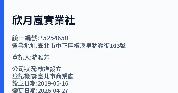 欣月嵐實業社的照片-統編 75254650(臺北市) 公司登記資料與營業項目詳細圖表