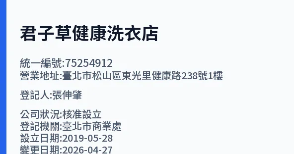 君子草健康洗衣店的照片-統編 75254912(臺北市) 公司登記資料與營業項目詳細圖表