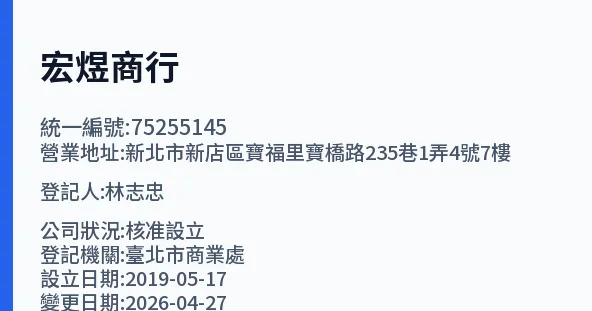 宏煜商行的照片-統編 75255145(新北市) 公司登記資料與營業項目詳細圖表