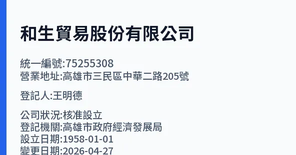 和生貿易股份有限公司的照片-統編 75255308(高雄市) 公司登記資料與營業項目詳細圖表