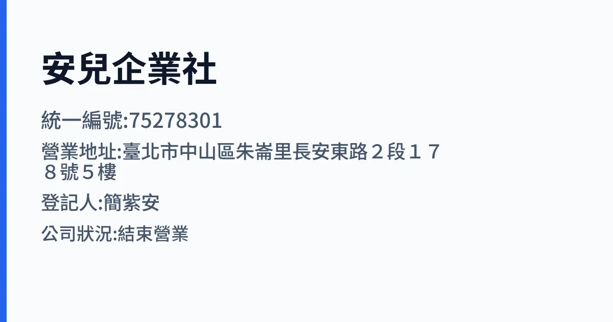 安兒企業社 - 統編 75278301(臺北市) 公司登記資料與營業項目詳細圖表