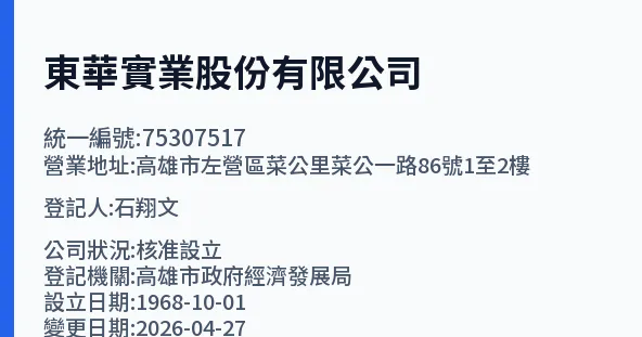 東華實業股份有限公司的照片-統編 75307517(高雄市) 公司登記資料與營業項目詳細圖表