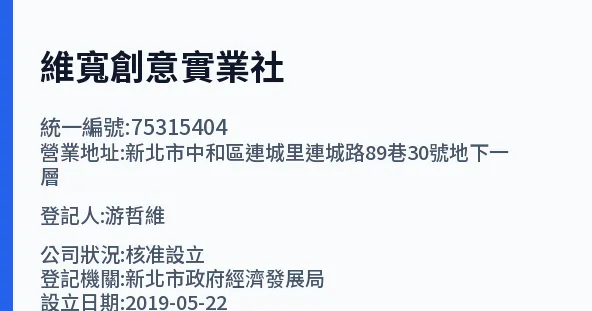 維寬創意實業社的照片-統編 75315404(新北市) 公司登記資料與營業項目詳細圖表