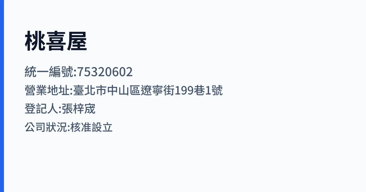 桃喜屋 - 統編 75320602(臺北市) 公司登記資料與營業項目詳細圖表