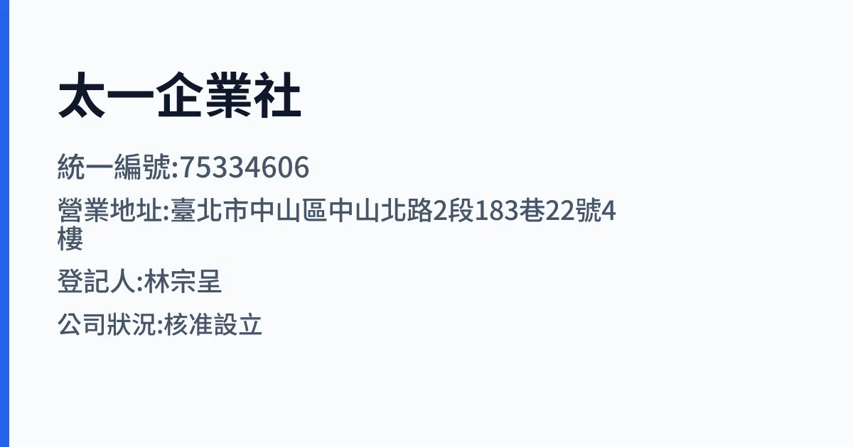 太一企業社 - 統編 75334606(臺北市) 公司登記資料與營業項目詳細圖表