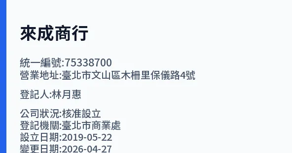 來成商行的照片-統編 75338700(臺北市) 公司登記資料與營業項目詳細圖表