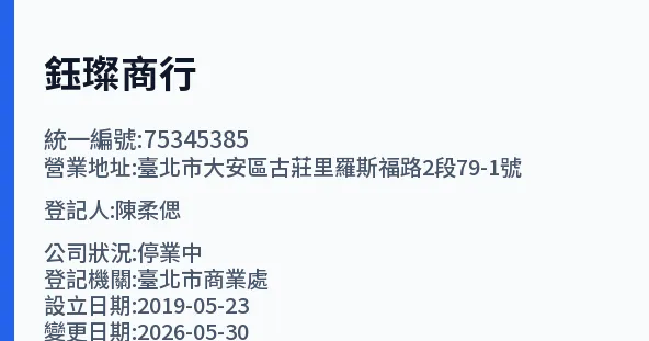鈺璨商行的照片-統編 75345385(臺北市) 公司登記資料與營業項目詳細圖表