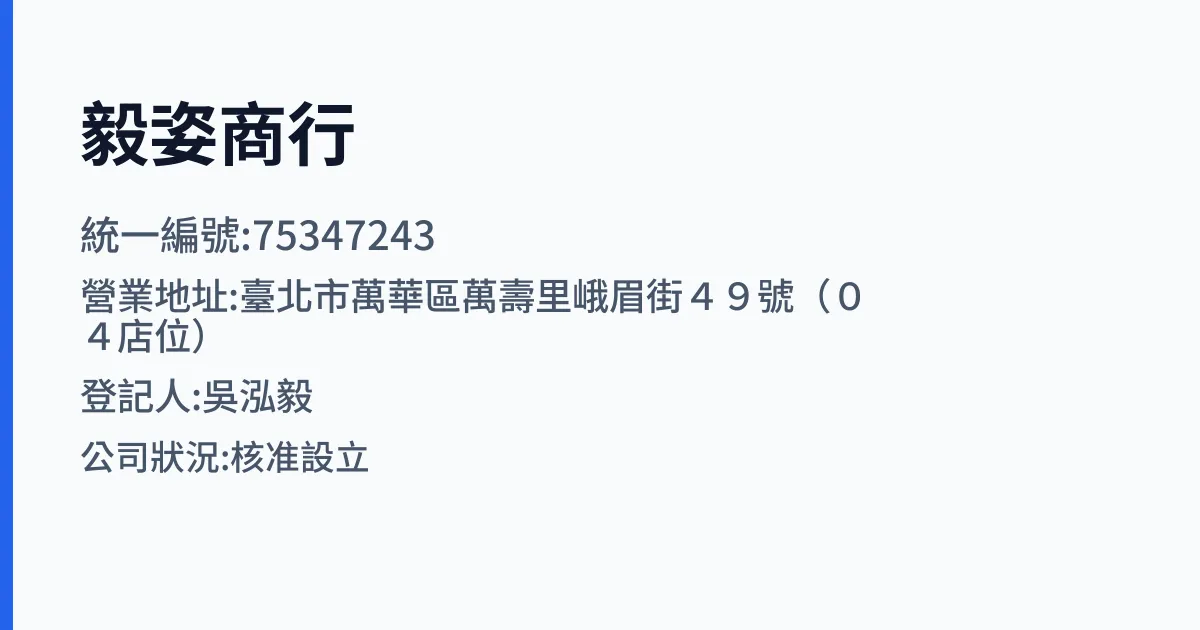毅姿商行 - 統編 75347243(臺北市) 公司登記資料與營業項目詳細圖表