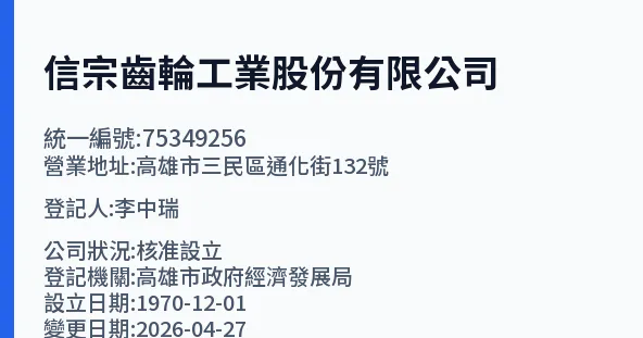 信宗齒輪工業股份有限公司的照片-統編 75349256(高雄市) 公司登記資料與營業項目詳細圖表