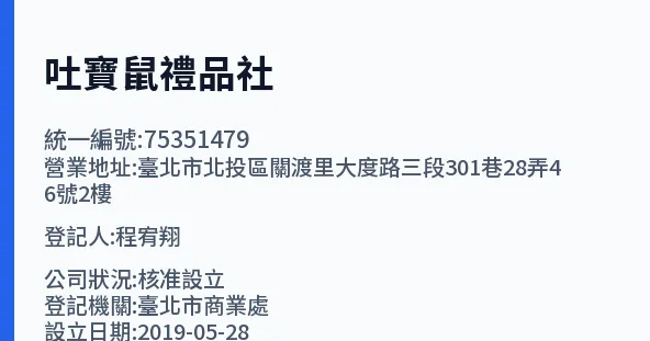 吐寶鼠禮品社的照片-統編 75351479(臺北市) 公司登記資料與營業項目詳細圖表