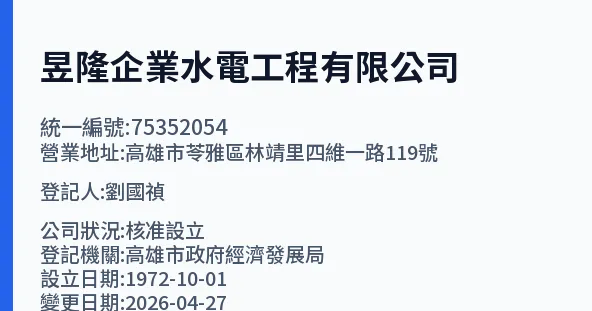 昱隆企業水電工程有限公司的照片-統編 75352054(高雄市) 公司登記資料與營業項目詳細圖表