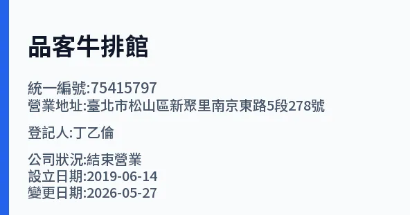 品客牛排館的照片-統編 75415797(臺北市) 公司登記資料與營業項目詳細圖表