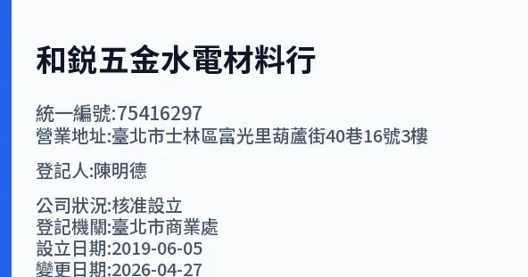 和鋭五金水電材料行的照片-統編 75416297(臺北市) 公司登記資料與營業項目詳細圖表