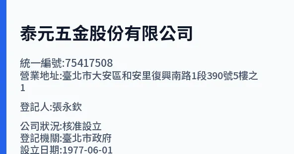泰元五金股份有限公司的照片-統編 75417508(臺北市) 公司登記資料與營業項目詳細圖表