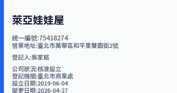 萊亞娃娃屋的照片-統編 75418274(臺北市) 公司登記資料與營業項目詳細圖表