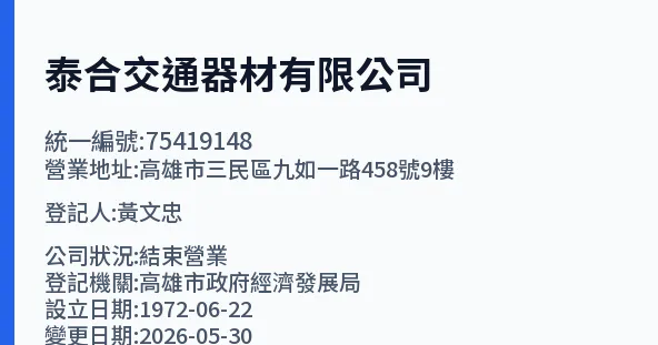 泰合交通器材有限公司的照片-統編 75419148(高雄市) 公司登記資料與營業項目詳細圖表