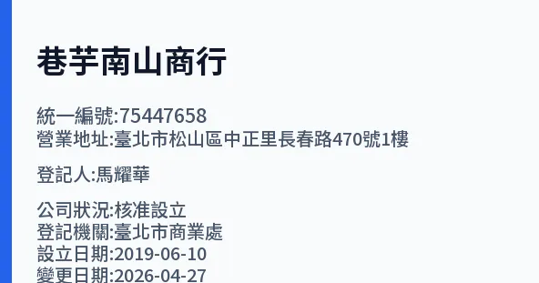 巷芋南山商行的照片-統編 75447658(臺北市) 公司登記資料與營業項目詳細圖表