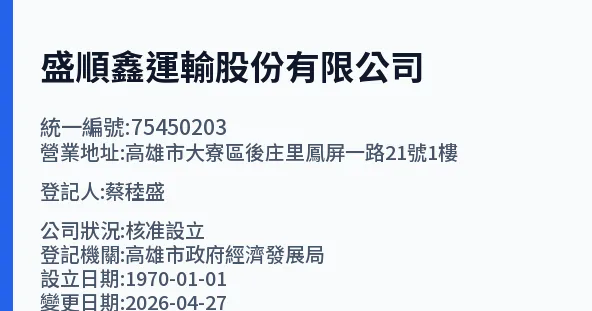 盛順鑫運輸股份有限公司的照片-統編 75450203(高雄市) 公司登記資料與營業項目詳細圖表