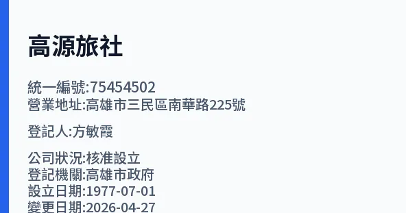 高源旅社的照片-統編 75454502(高雄市) 公司登記資料與營業項目詳細圖表