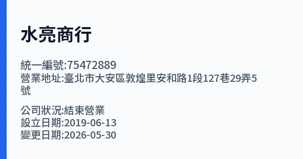 水亮商行的照片-統編 75472889(臺北市) 公司登記資料與營業項目詳細圖表