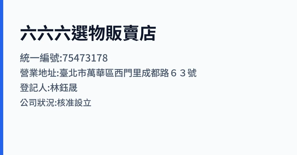 六六六選物販賣店 - 統編 75473178(臺北市) 公司登記資料與營業項目詳細圖表