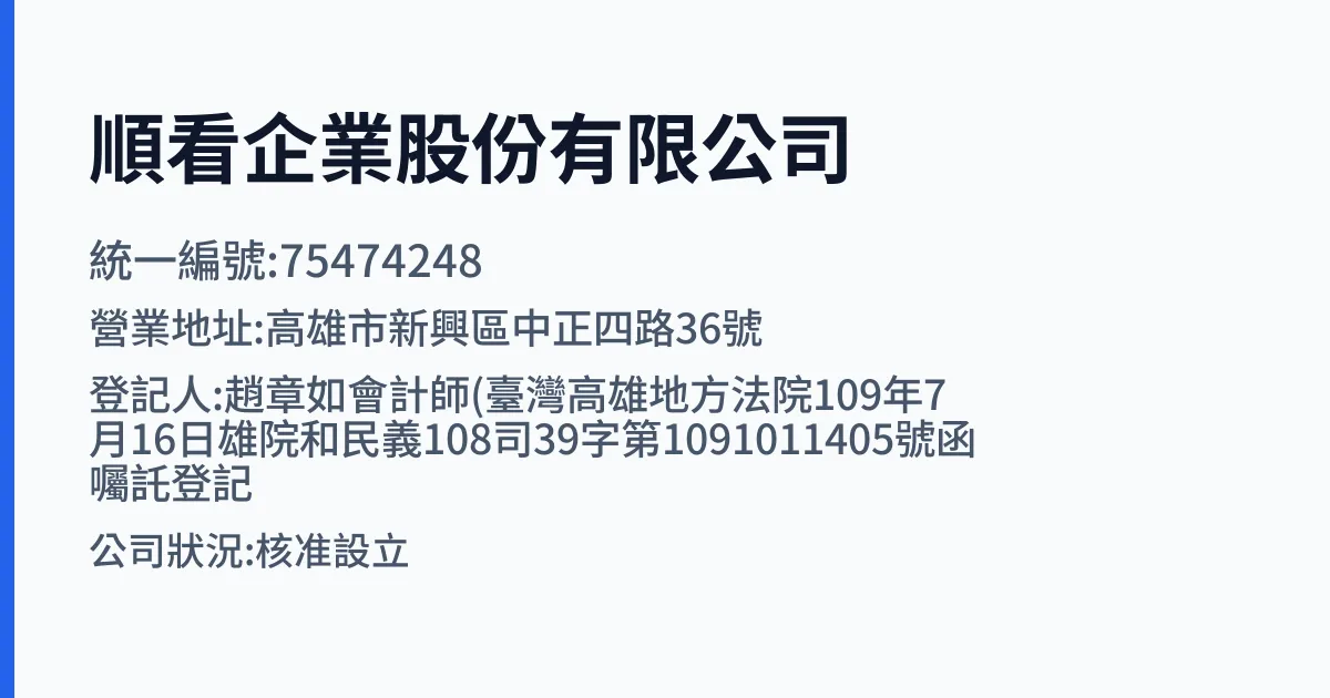 順看企業股份有限公司 - 統編 75474248(高雄市) 公司登記資料與營業項目詳細圖表