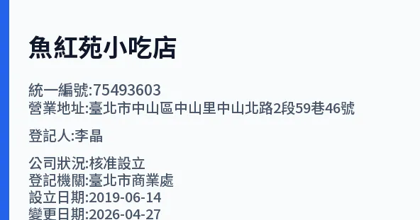 魚紅苑小吃店的照片-統編 75493603(臺北市) 公司登記資料與營業項目詳細圖表