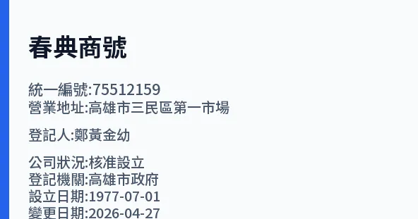 春典商號的照片-統編 75512159(高雄市) 公司登記資料與營業項目詳細圖表