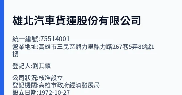 雄北汽車貨運股份有限公司的照片-統編 75514001(高雄市) 公司登記資料與營業項目詳細圖表