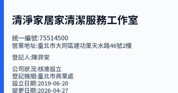 清淨家居家清潔服務工作室的照片-統編 75514500(臺北市) 公司登記資料與營業項目詳細圖表